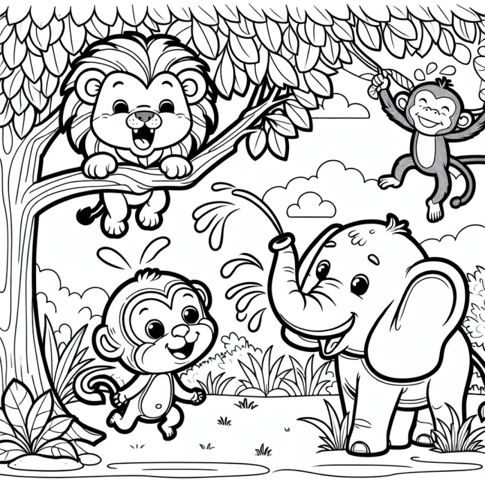 Coloring Page: Fun Jungle Animals Color Page for Kids