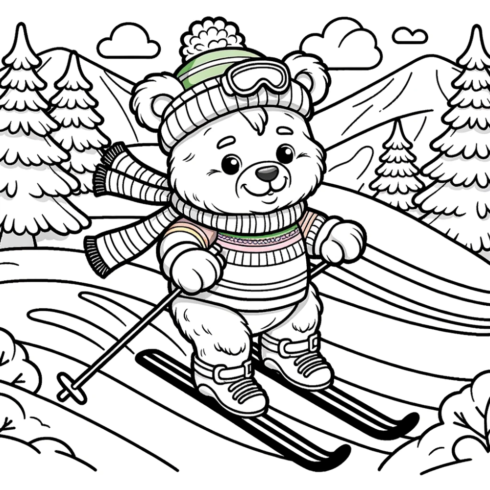 Coloring Page: Winter-Themed Bear Skiing Color Page for Kids