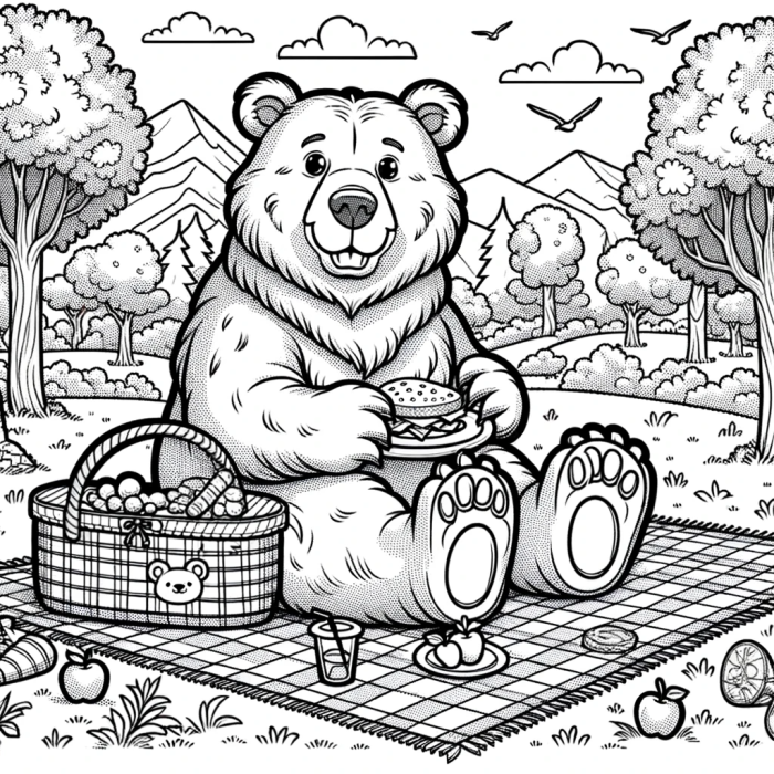 Coloring Page: Picnic Bear Color Page for Kids - Outdoor Fun