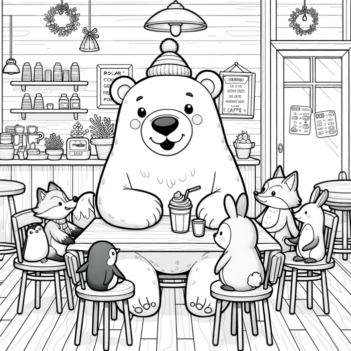 Coloring Page: Friendly Bear Coffee Gathering - Color Page for Kids