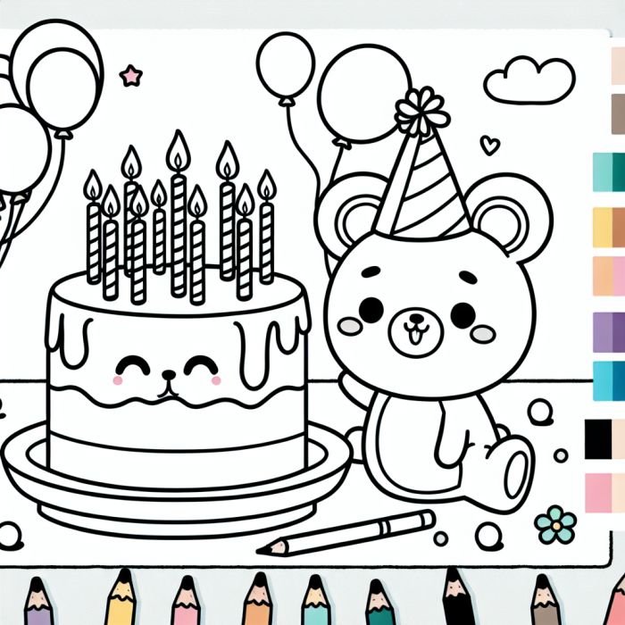 Coloring Page: Color Page for Kids: Birthday Bear Celebration