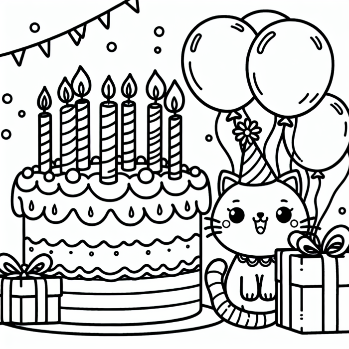 Coloring Page: Cat's Birthday Color Page for Kids
