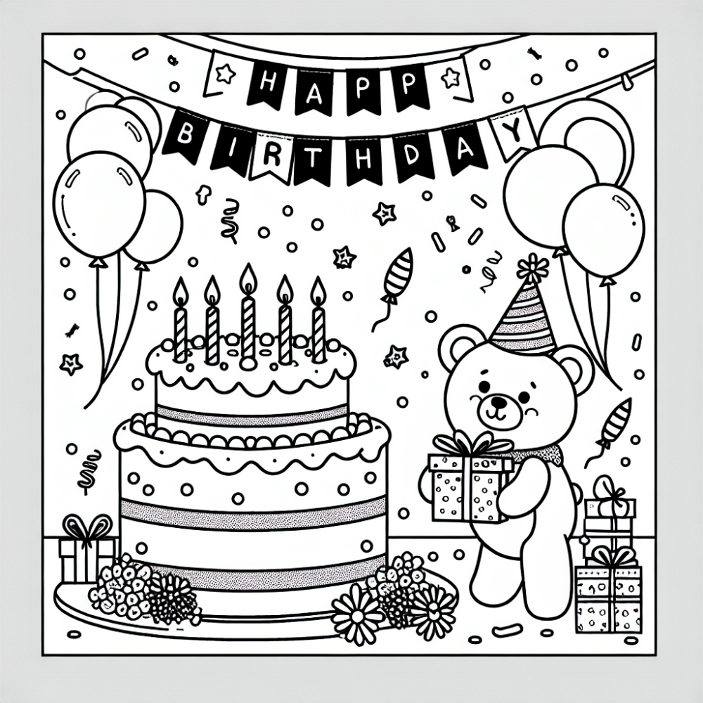 Coloring Page: Color Page for Kids - Teddy Bear's Birthday Celebration