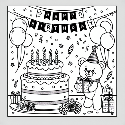 Coloring Page: Color Page for Kids - Teddy Bear's Birthday Celebration