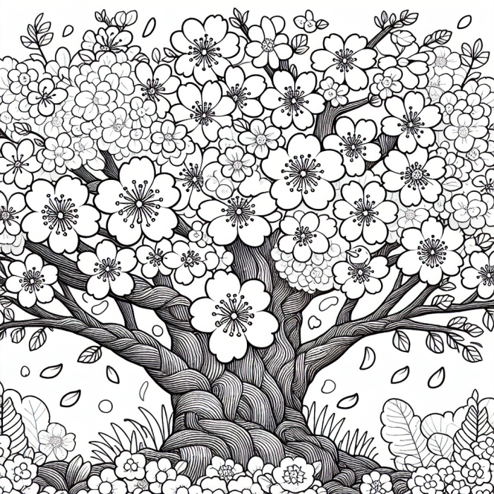 Coloring Page: Beautiful Tree Blossoming Scene Color Page for Kids