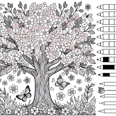 Coloring Page: Flowering Tree Color Page for Kids