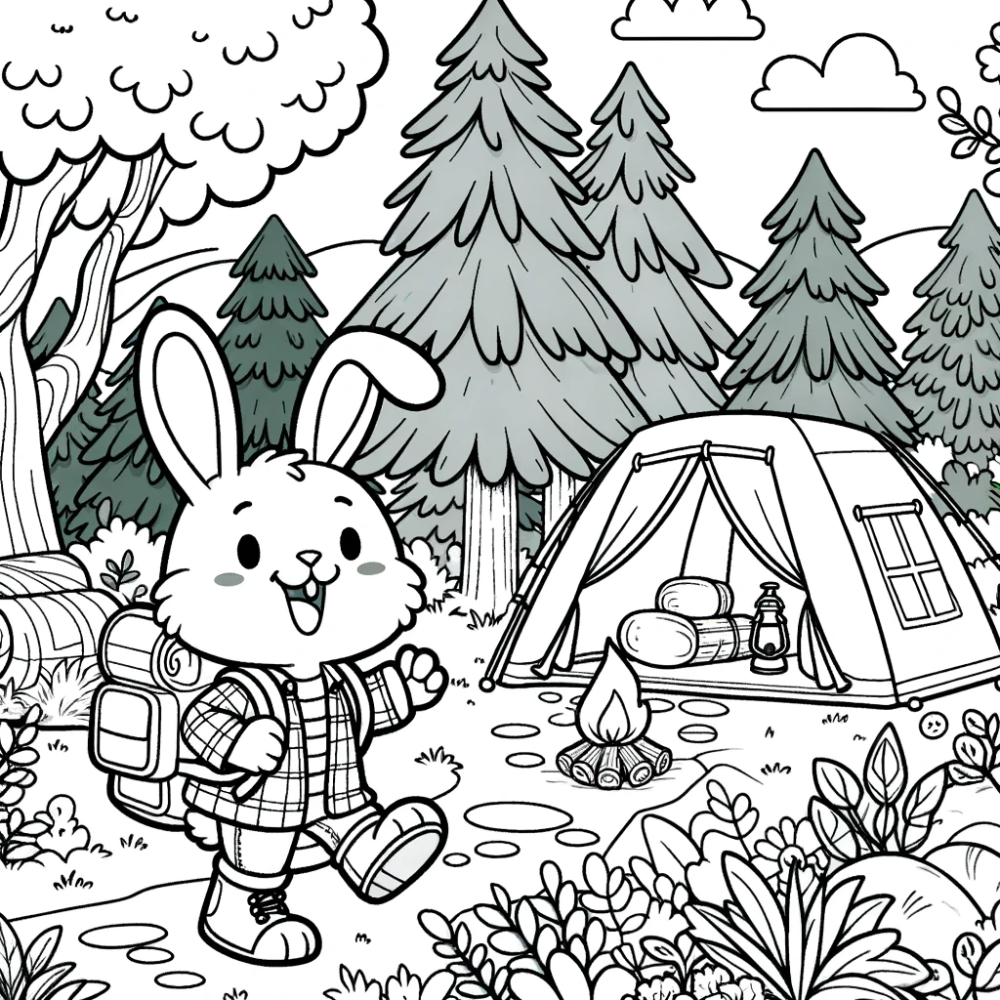 Coloring Page: Bunny's Forest Camping Adventure - Free Color Page for Kids