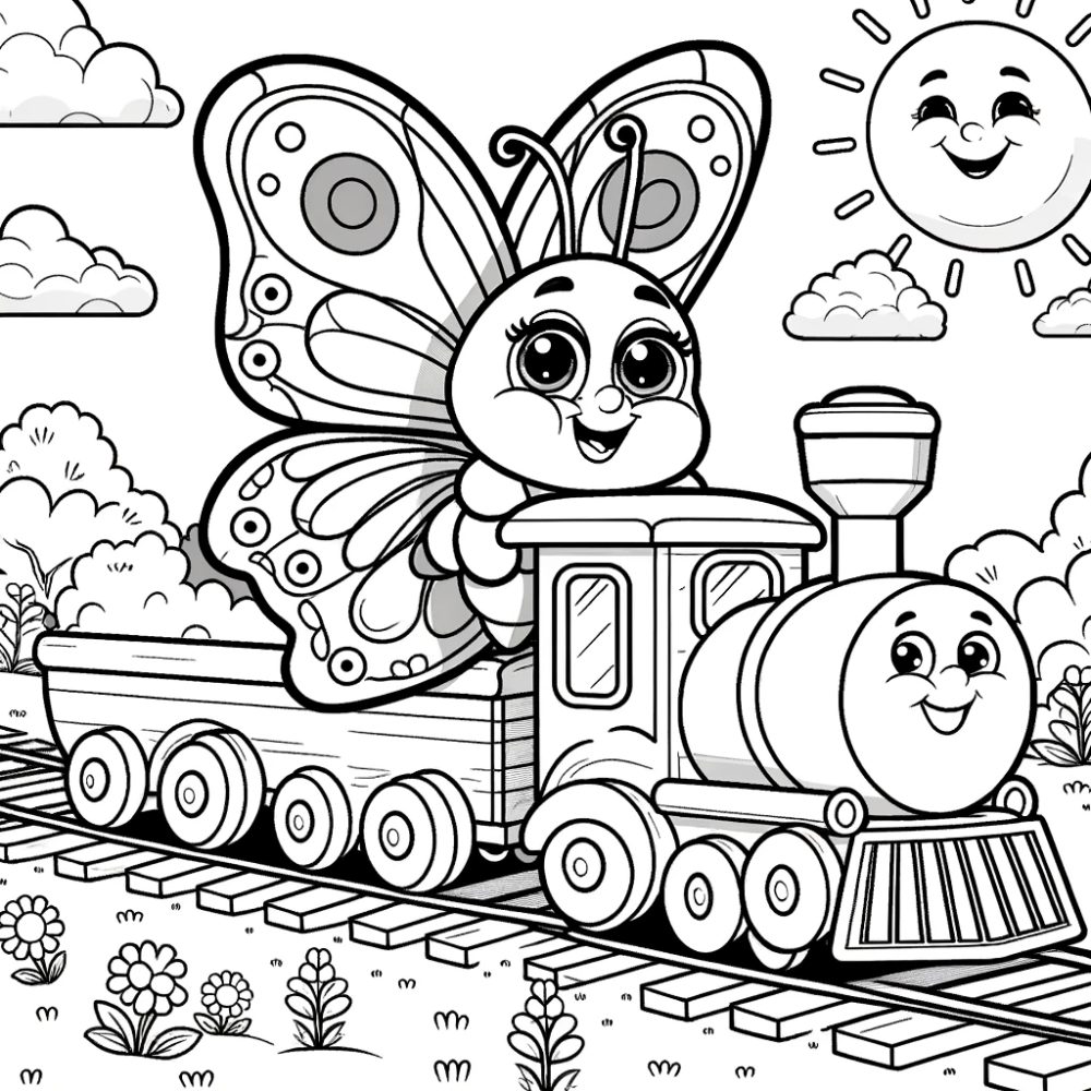 Coloring Page: Butterfly Train Adventure - Fun Color Page for Kids