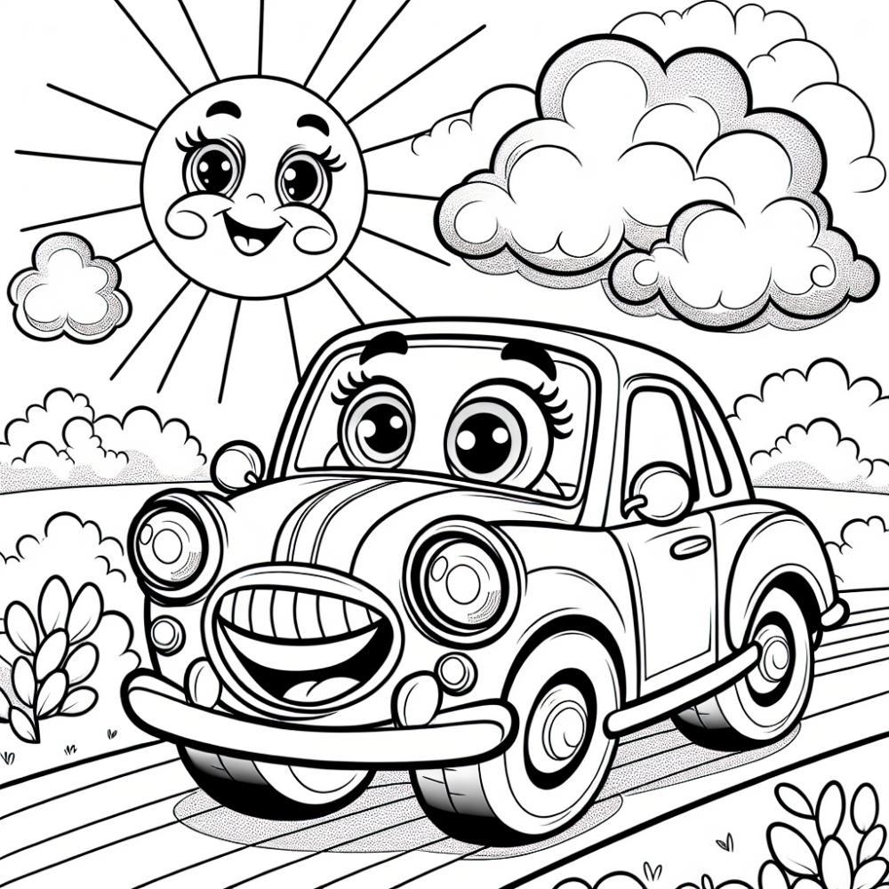 Coloring Page: Color Page for Kids: Happy Car on a Sunny Day