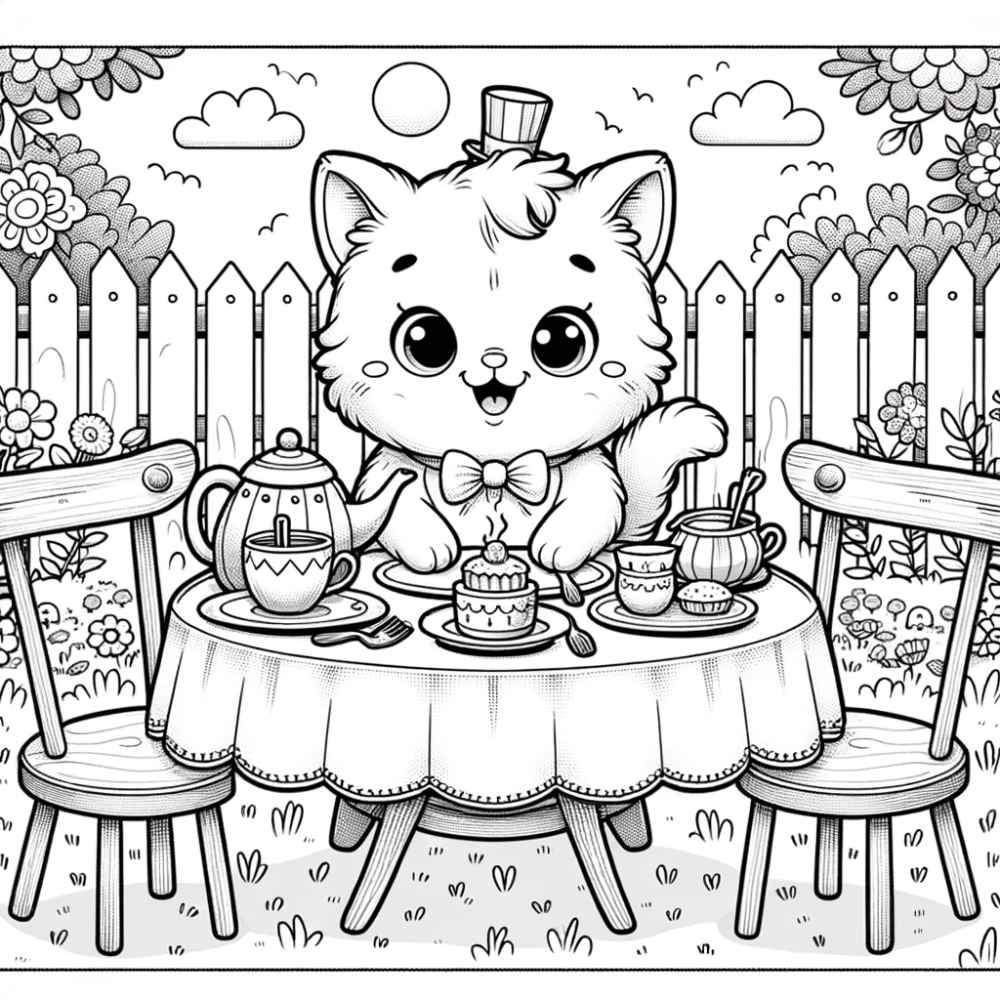 Coloring Page: Cat Tea Party - A Whimsical Color Page for Kids