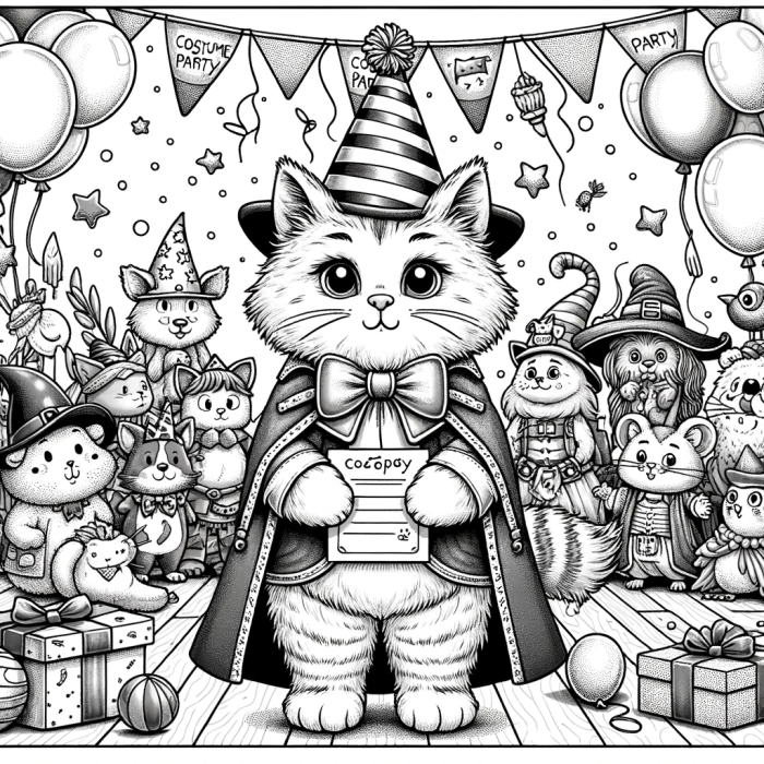 Coloring Page: Festive Cat Costume Party - Engaging Color Page for Kids