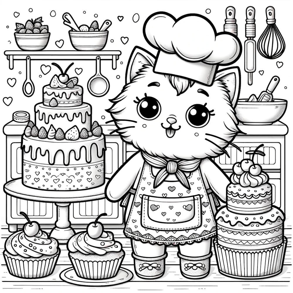Coloring Page: Cat Chef Color Page for Kids - Creative Baking Fun