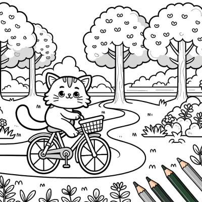 Coloring Page: Charming Cat Bicycle Ride - Free Color Page for Kids