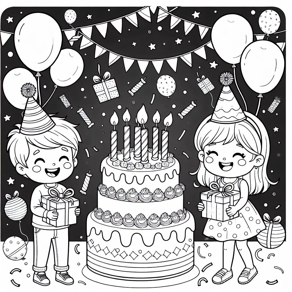 Coloring Page: Color Page for Kids: Fun and Festive Birthday Party Scene