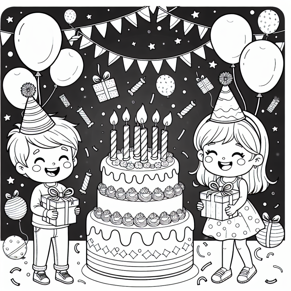 Coloring Page: Color Page for Kids: Fun and Festive Birthday Party Scene