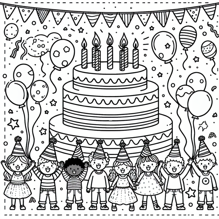 Coloring Page: Cheerful Birthday Party Color Page for Kids