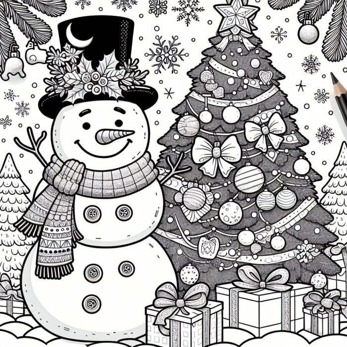 Coloring Page: Festive Snowman and Christmas Tree - Color Page for Kids