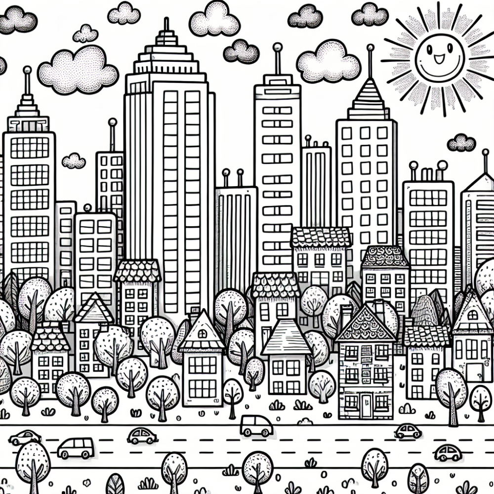 Coloring Page: Color Page for Kids: Vibrant Cityscape Illustration