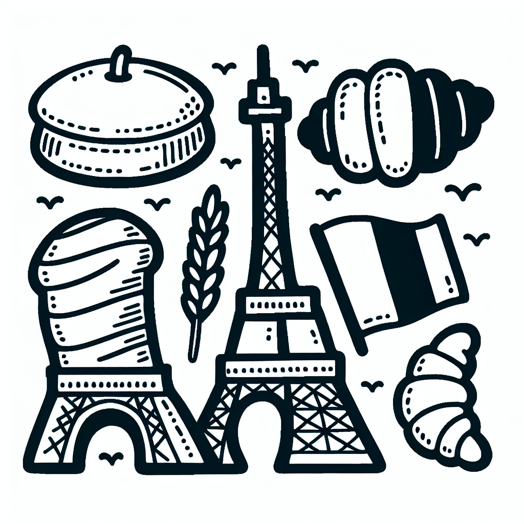 Coloring Page: Color Page for Kids Featuring Iconic French Symbols