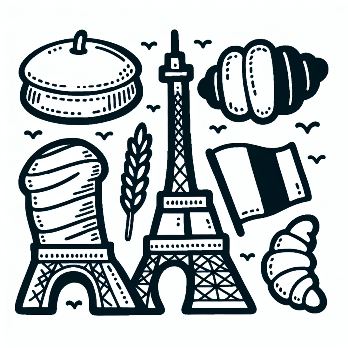 Coloring Page: Color Page for Kids Featuring Iconic French Symbols