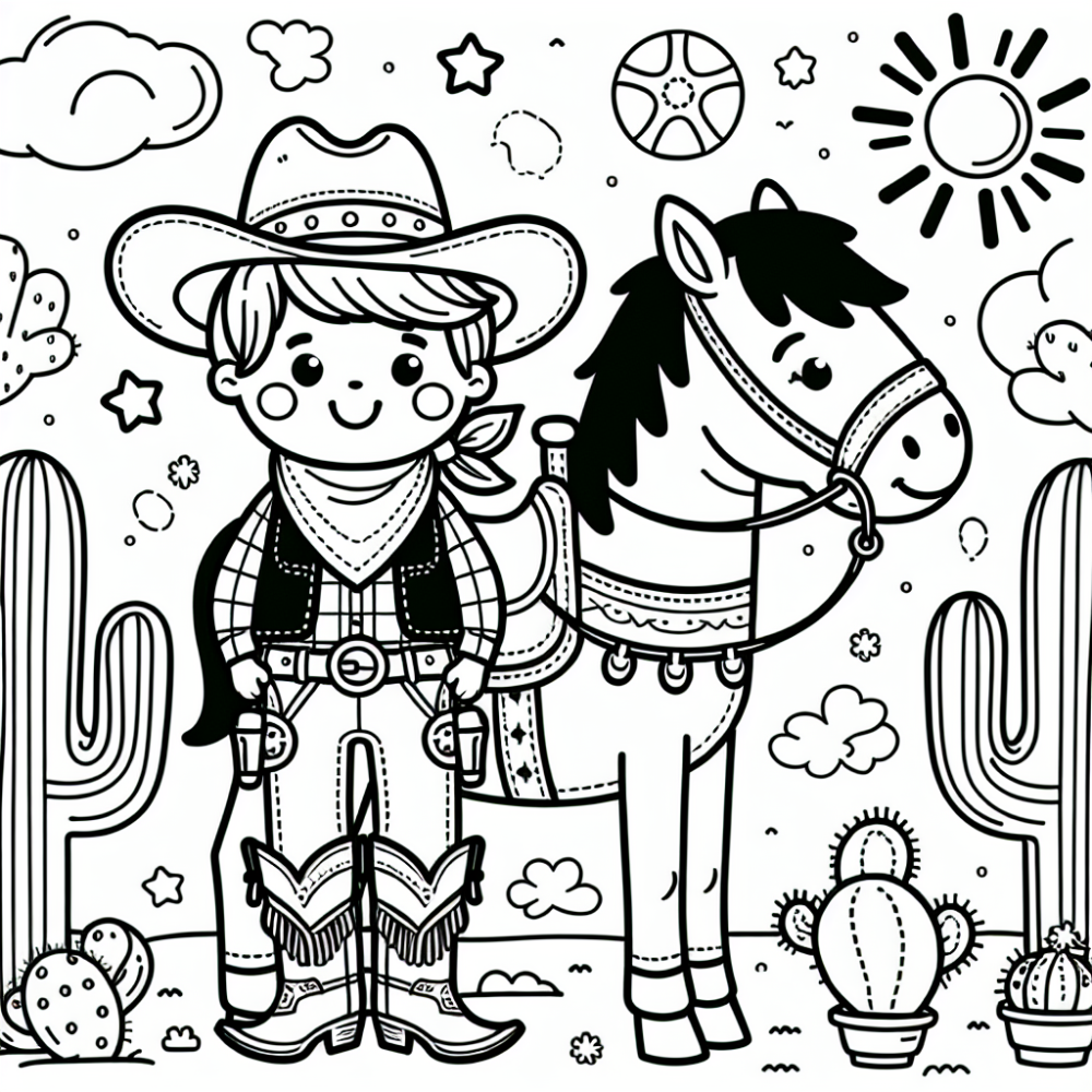 Coloring Page: Charming Cowboy and Horse Color Page for Kids
