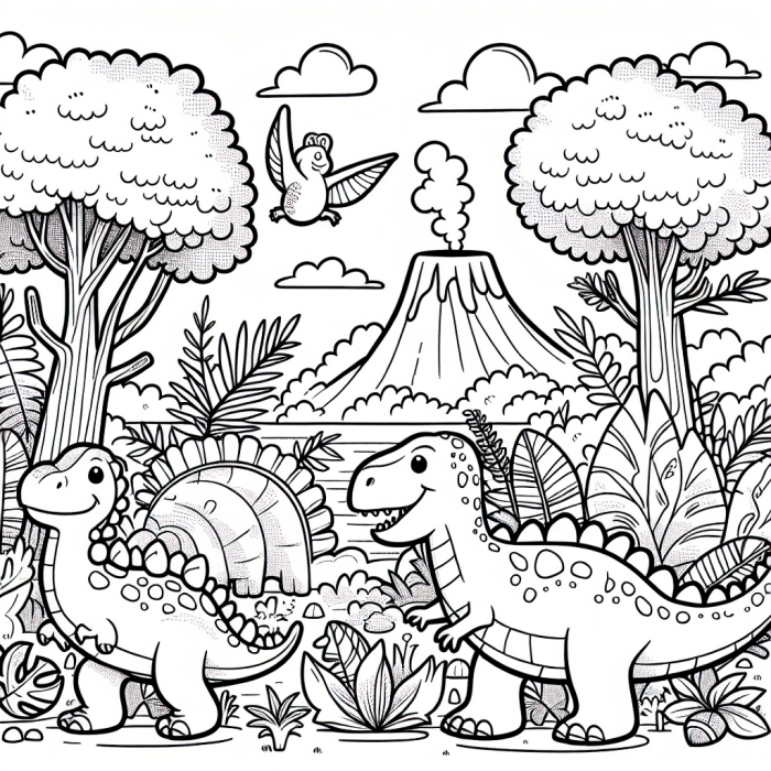 Coloring Page: Exciting Dinosaur Jungle Color Page for Kids