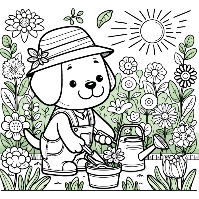 Coloring Page: Gardening Puppy Color Page for Kids - Creative Coloring Fun!