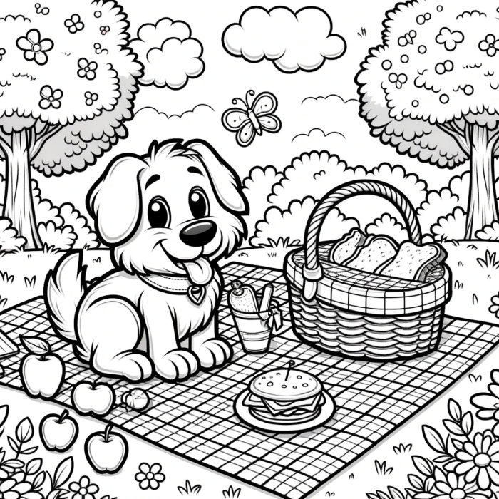 Coloring Page: Picnic Pals: Free Dog Color Page for Kids