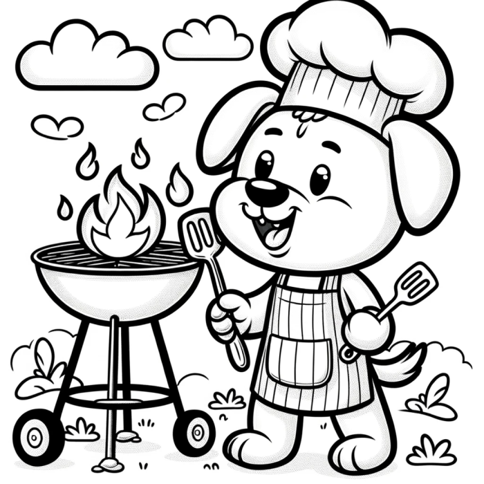 Coloring Page: Cheerful Dog Barbecue - Free Color Page for Kids
