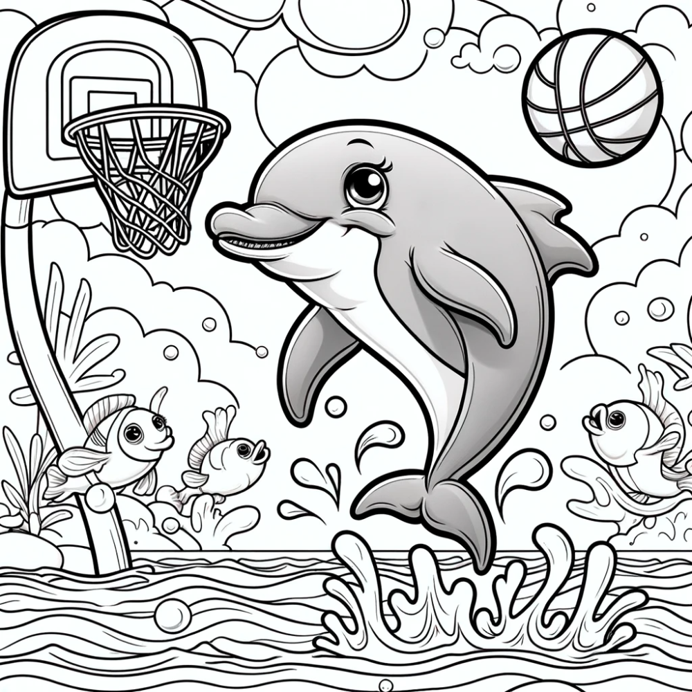 Coloring Page: Dolphin Basketball Fun - Color Page for Kids