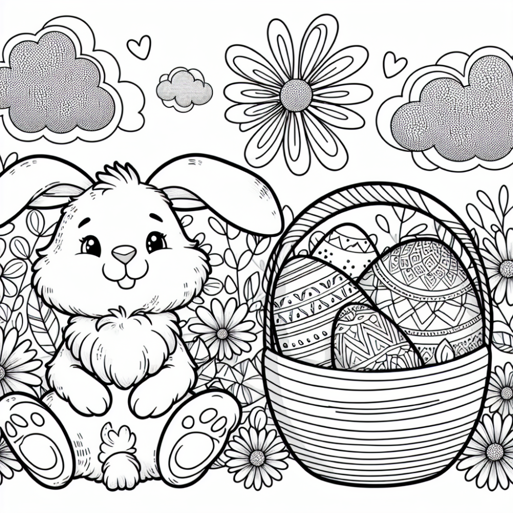 Coloring Page: Delightful Bunny and Easter Basket Color Page for Kids