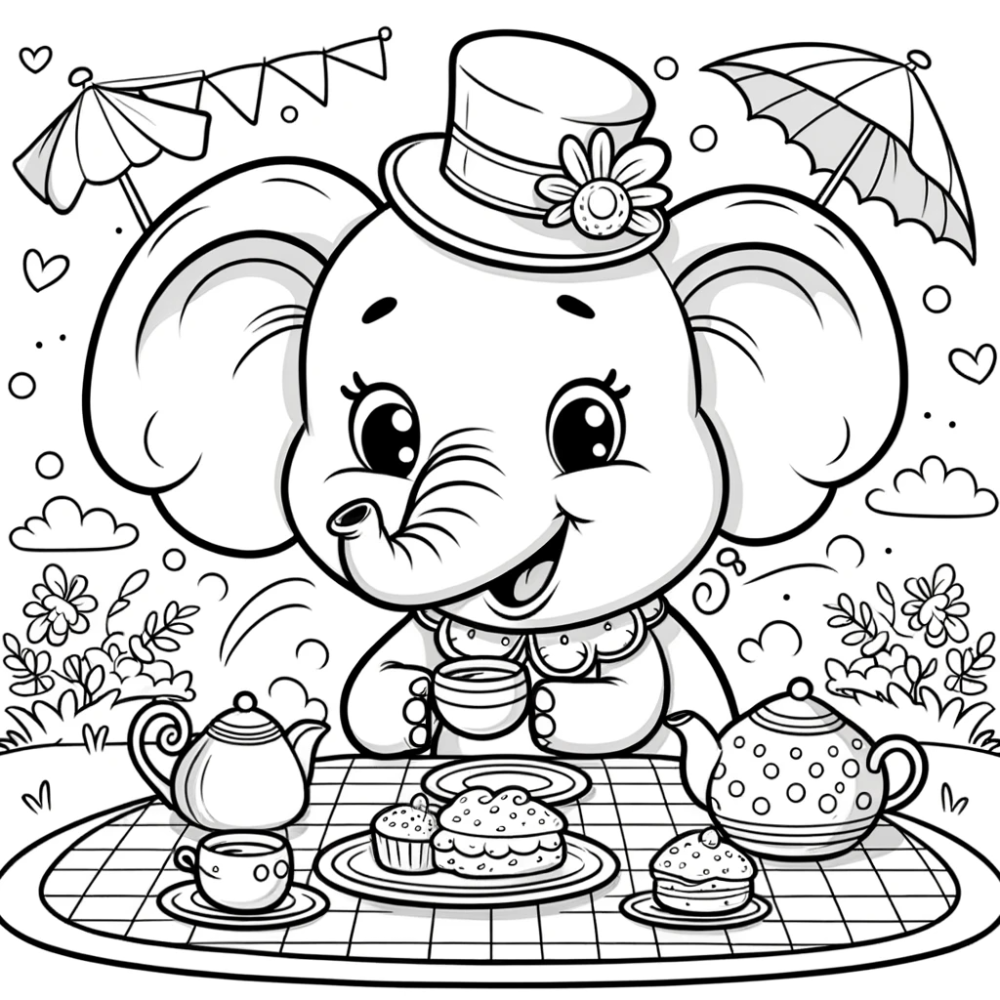 Coloring Page: Charming Elephant Tea Party - Color Page for Kids