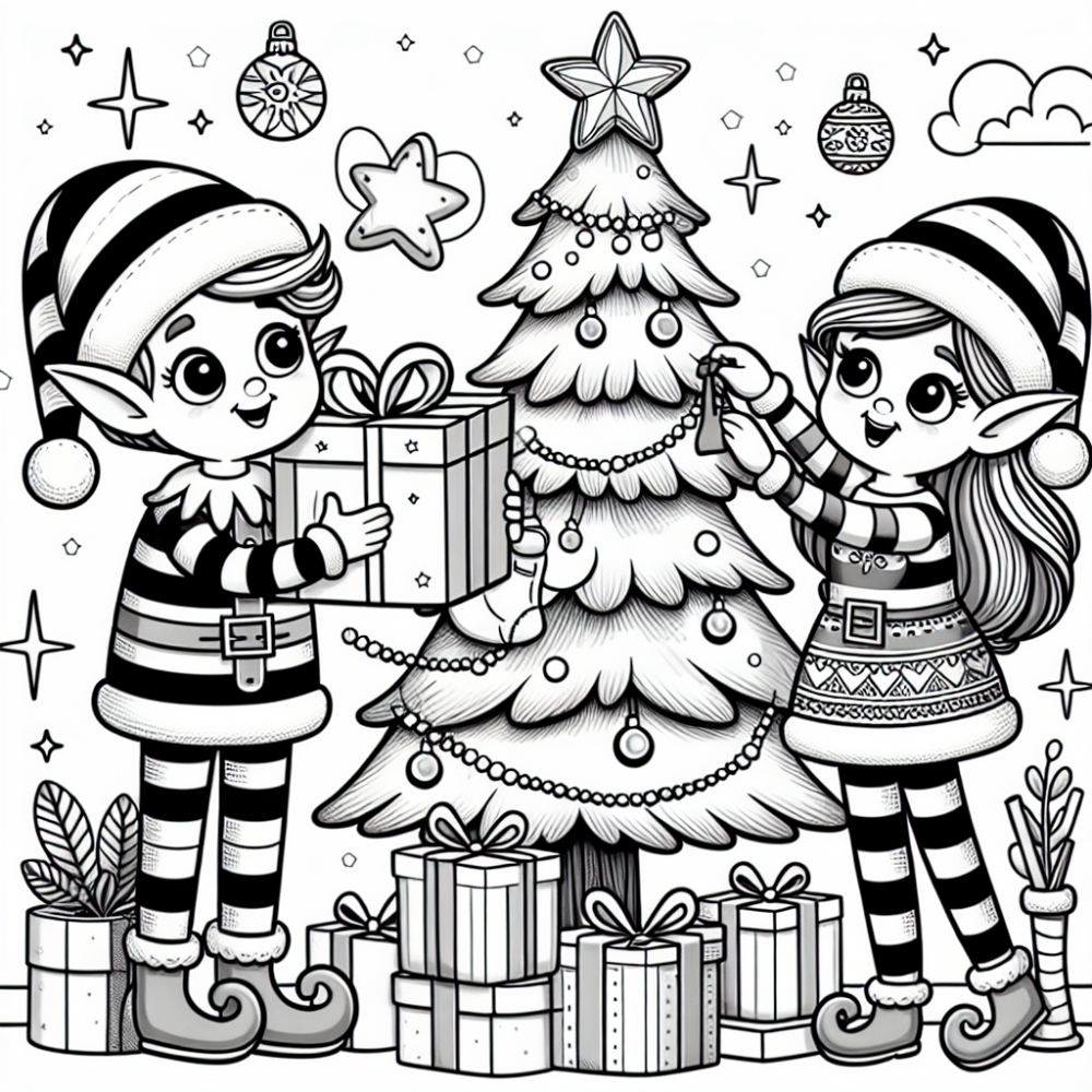 Coloring Page: Enchanting Elf Christmas Tree Decorating - Color Page ...