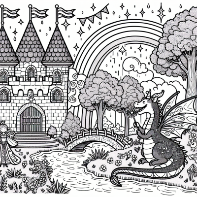 Coloring Page: Fantasy Dragon and Castle Color Page for Kids