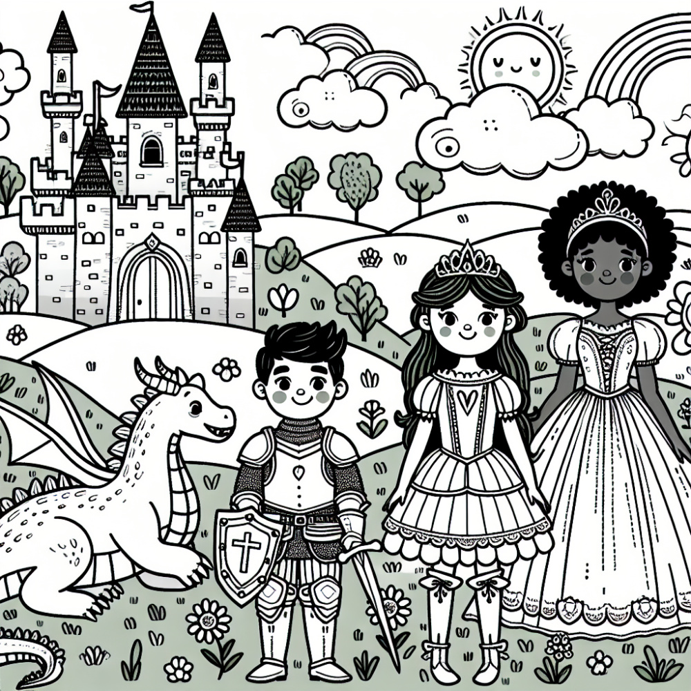 Coloring Page: Color Page for Kids with Knight, Princesses, and Dragon