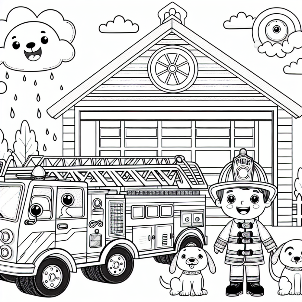 Coloring Page: Color Page for Kids: Fun Firefighter and Firetruck Scene