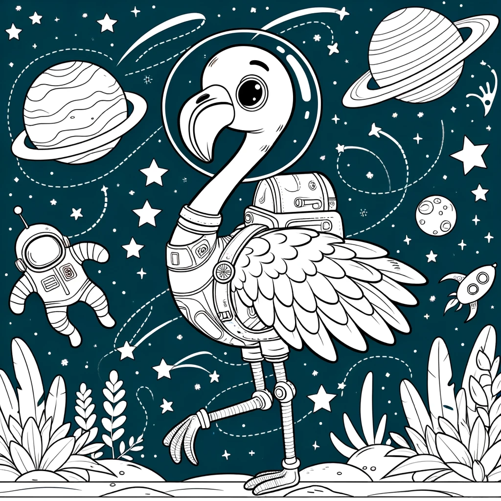 Coloring Page: Space Flamingo Adventure - Color Page for Kids