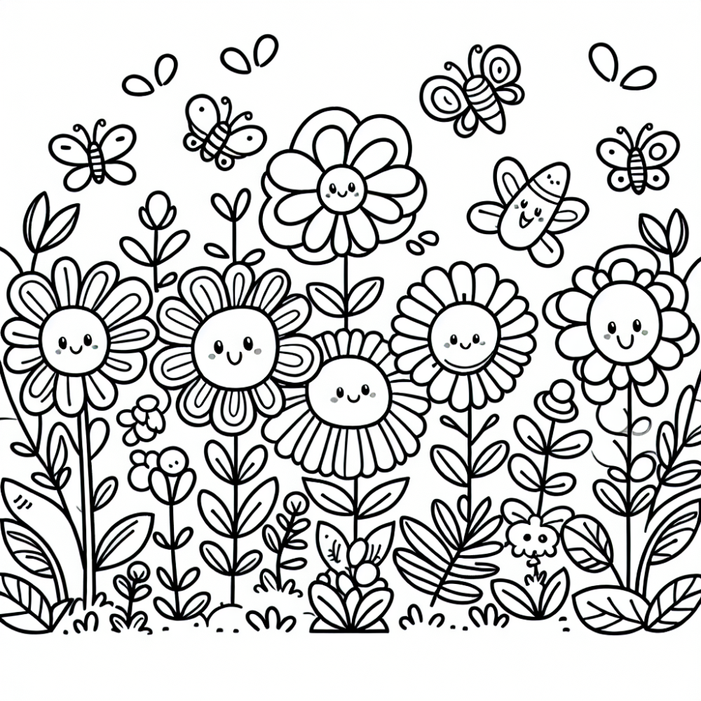 Coloring Page: Color Page for Kids: Happy Flower Garden with Butterflies