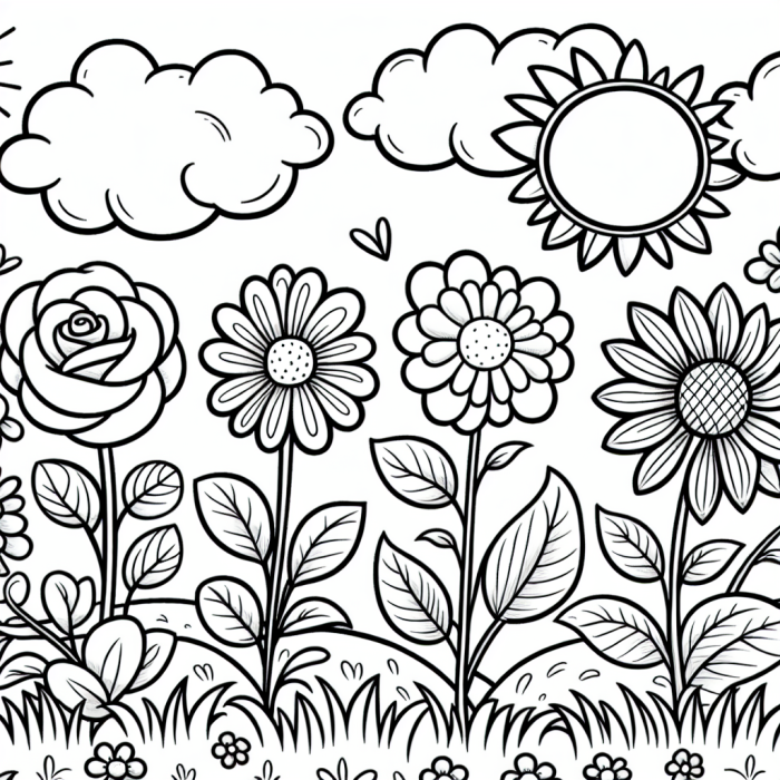 Coloring Page: Color Sheet for Kids Colorful Flower Field