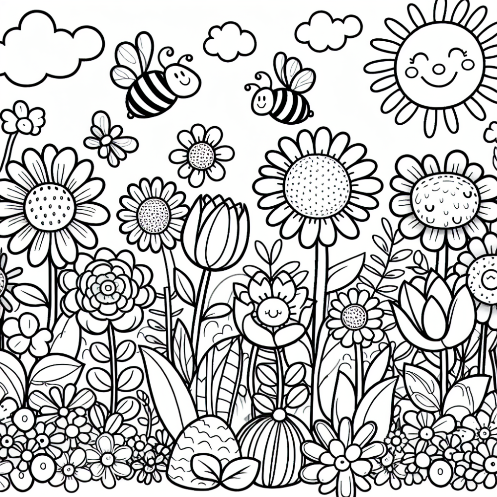 Coloring Page: Color Page for Kids - Bee and Flower Garden Scene