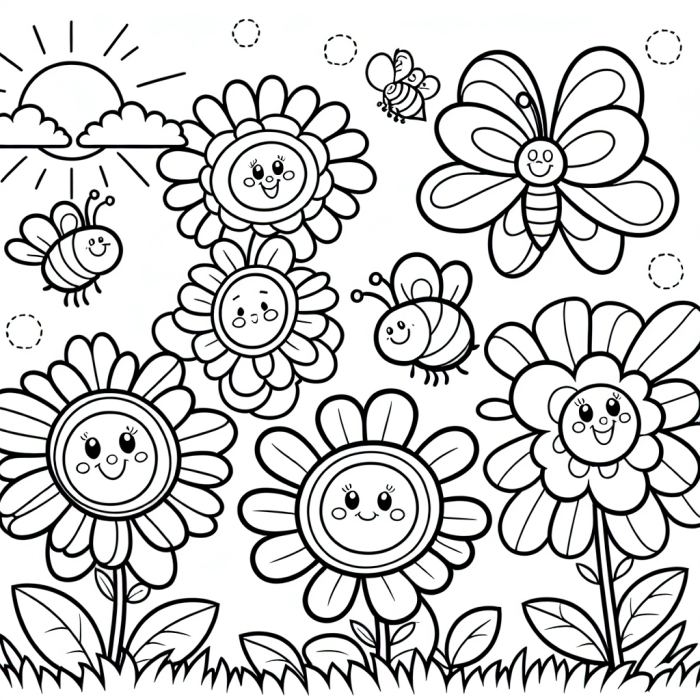 Coloring Page: Happy Flower Garden Color Page for Kids