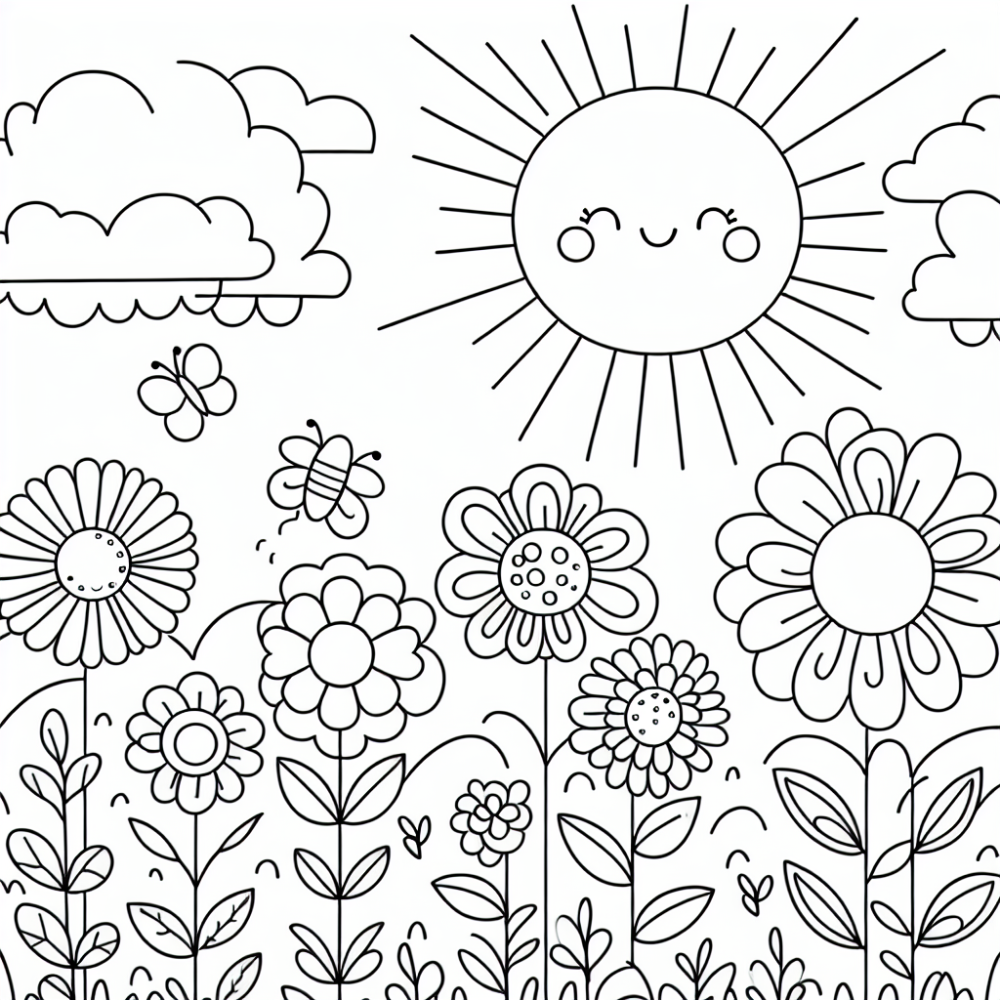 Coloring Page: Color Page For Kids - Sun and Flowers Coloring Sheet