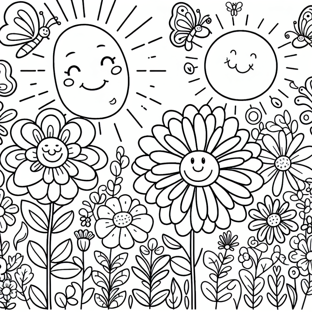 Coloring Page: Joyful Color Page for Kids - Smiling Flowers and Sun
