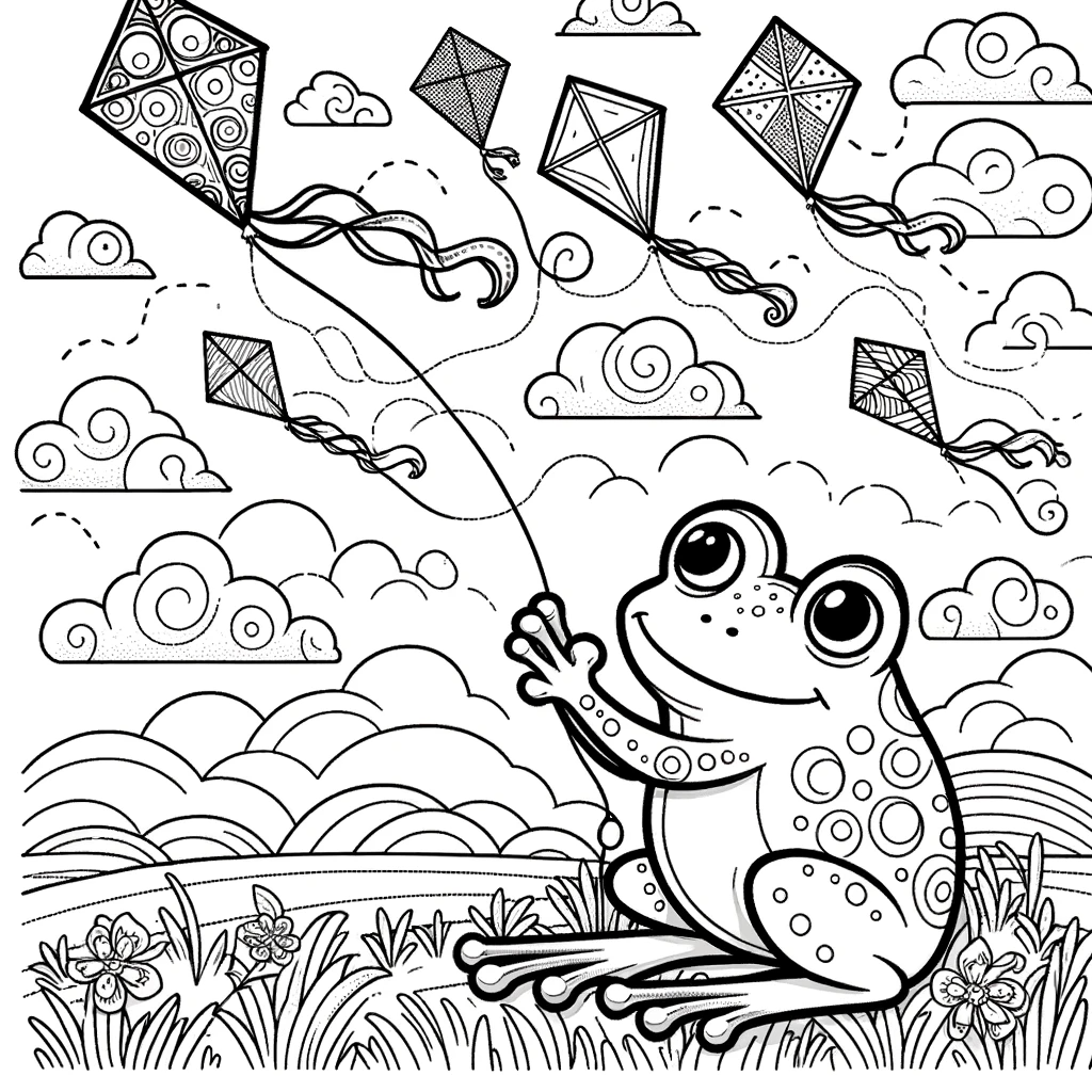 Coloring Page: Frog Kite Adventure - Free Printable Color Page for Kids