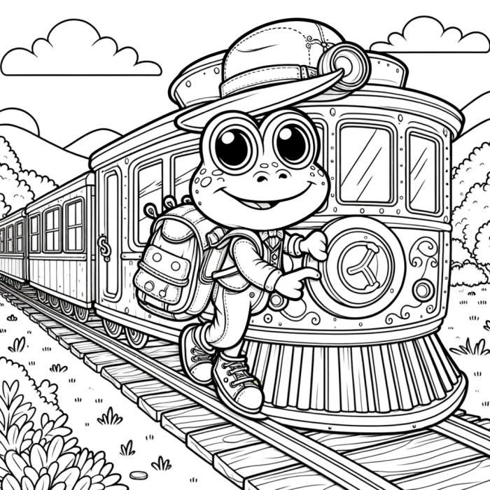 Coloring Page: Happy Frog Train Adventure - Free Printable Color Page ...