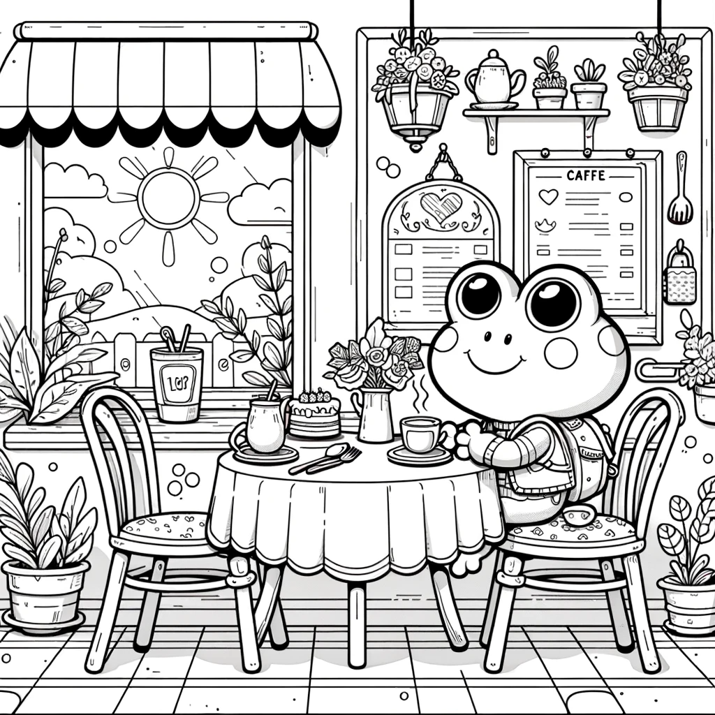 Coloring Page: Frog Cafe Visit - Color Page for Kids Activity