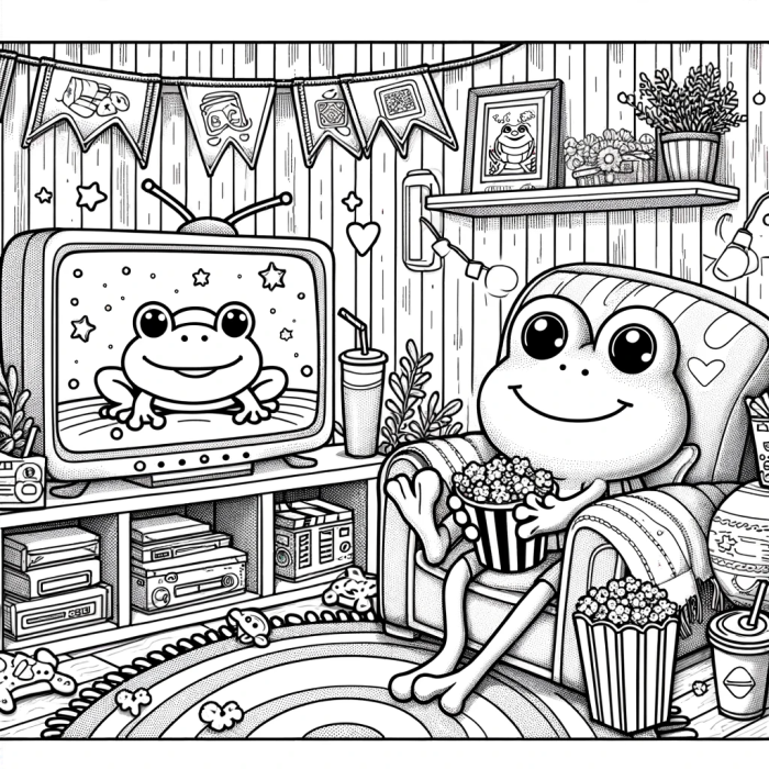 Coloring Page: Delightful Frog Watching TV Color Page for Kids