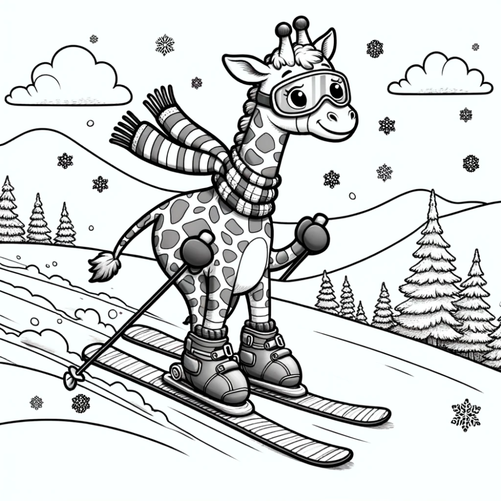 Coloring Page: Joyful Giraffe on Skis - Free Color Page for Kids