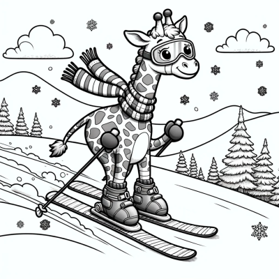 Coloring Page: Joyful Giraffe on Skis - Free Color Page for Kids