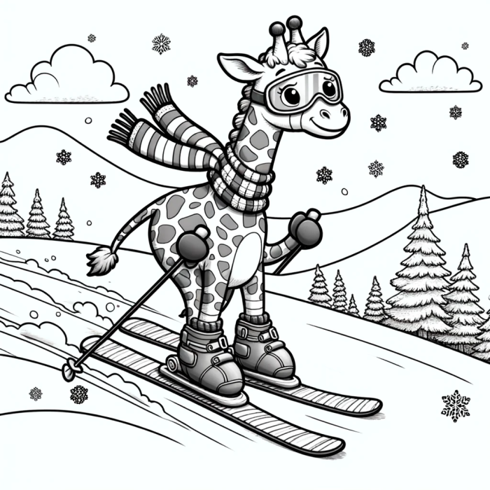 Coloring Page: Joyful Giraffe on Skis - Free Color Page for Kids